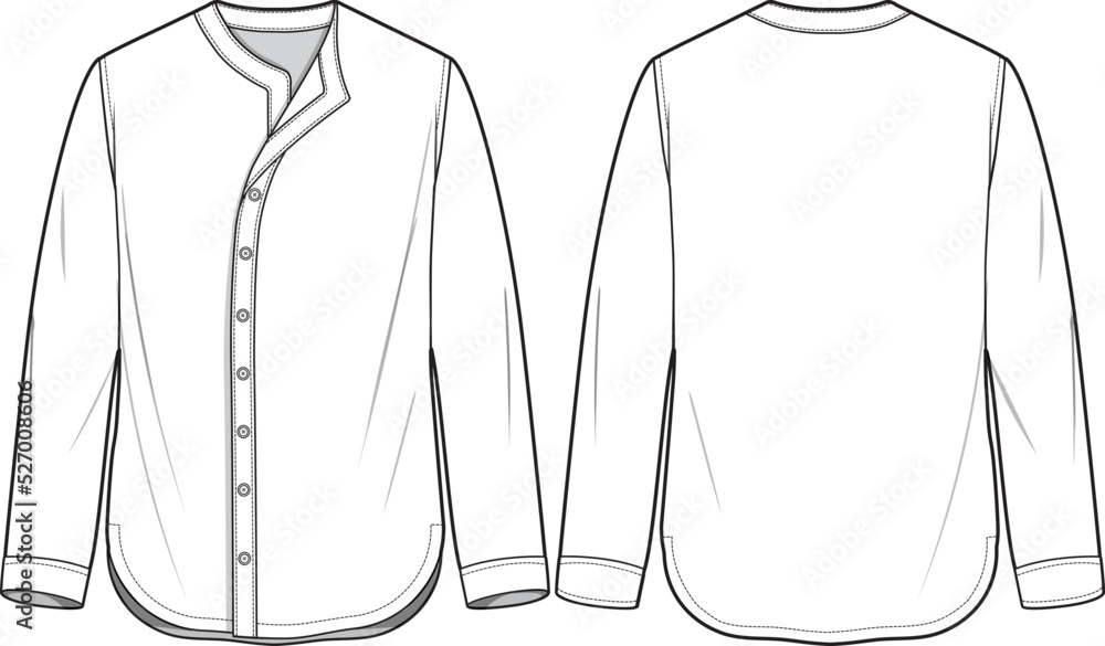 Henley Neck Full Placket Long Sleeve Shirt Front and Back View. Fashion ...