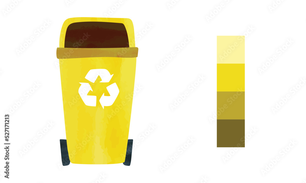 Yellow recycling bin with recycle symbol watercolor drawing isolated on ...