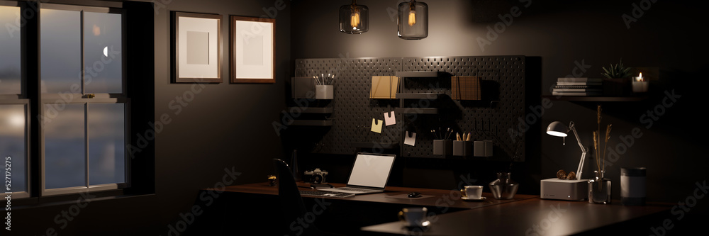 Modern stylish dark office workspace at night with laptop mockup on ...