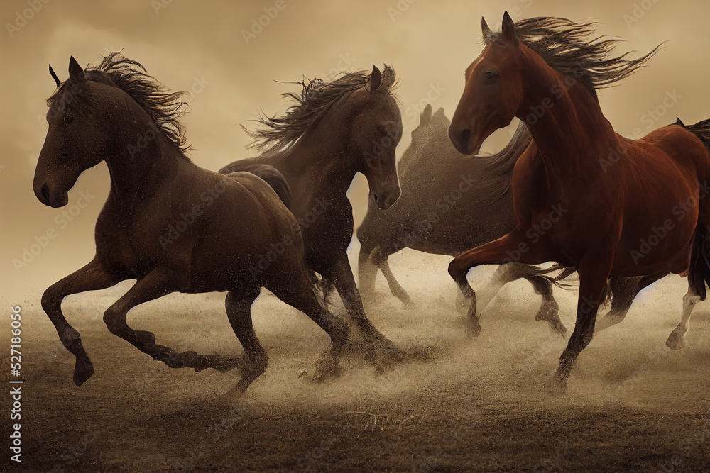 Galloping Horses on Fantasy Sand Land. Beautiful Animal Creatures ...