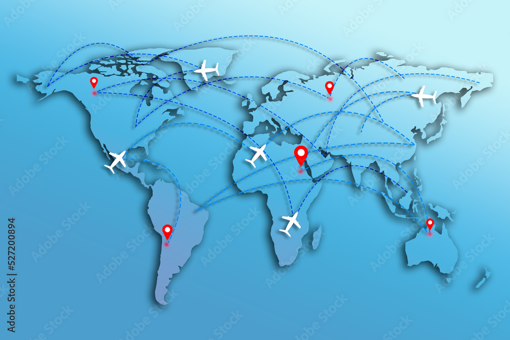 Blue world map with dashed trace line and airplanes flying.World travel ...