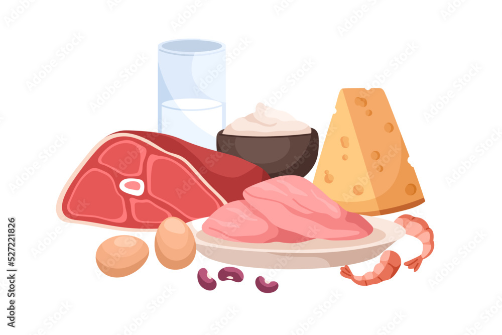 Vector de Stock Protein food products. Meat, dairy eating, seafood ...