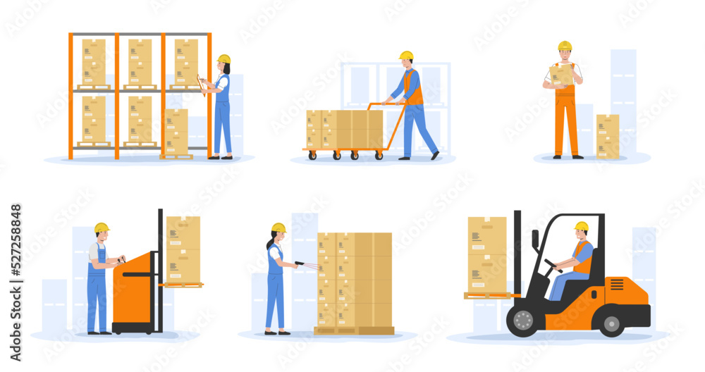 Warehouse And Cargo Goods Concept. Workers In Uniform Loading And ...