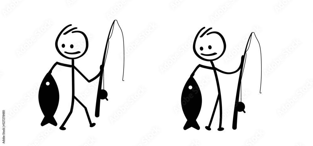Cartoon drawing stickman, stick figure man holding a fish with casting ...