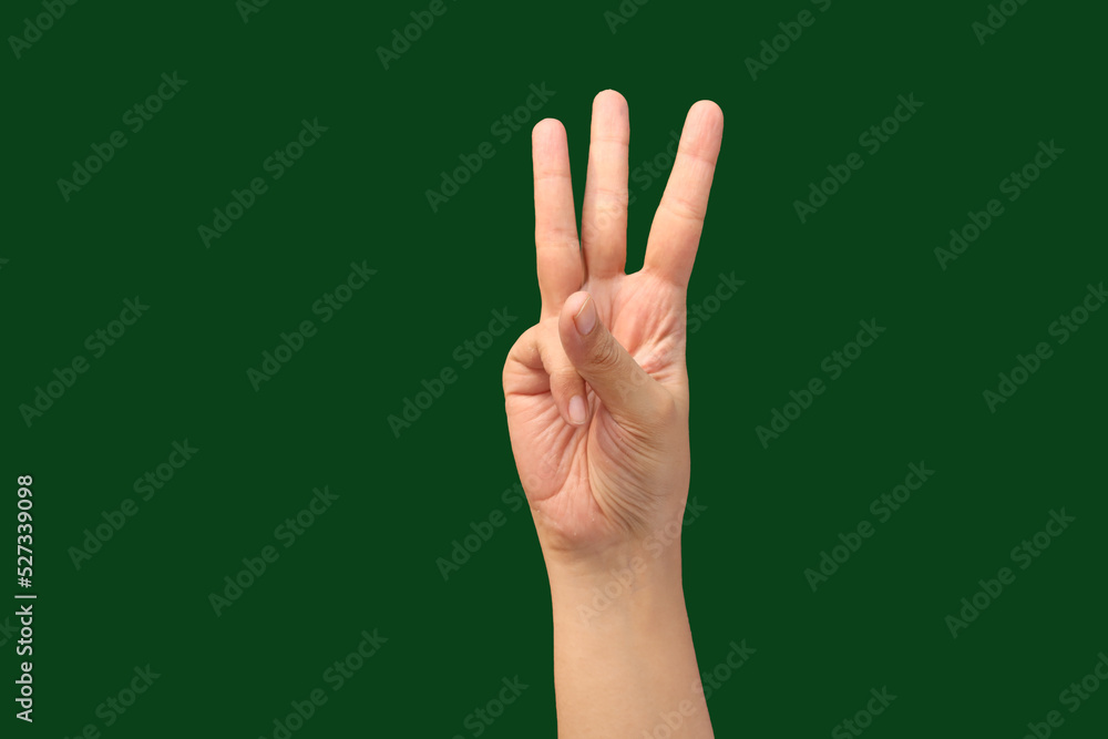 lady hands up sign, three points, take note hands for advertisement and ...