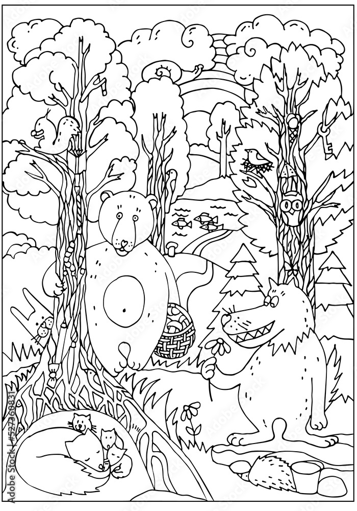 Fun Animals in the forest. Landscape. Coloring page for kids. Hand ...
