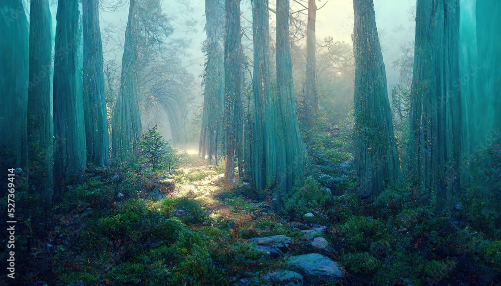 Raster illustration of trodden path in dense forest. Wilderness ...