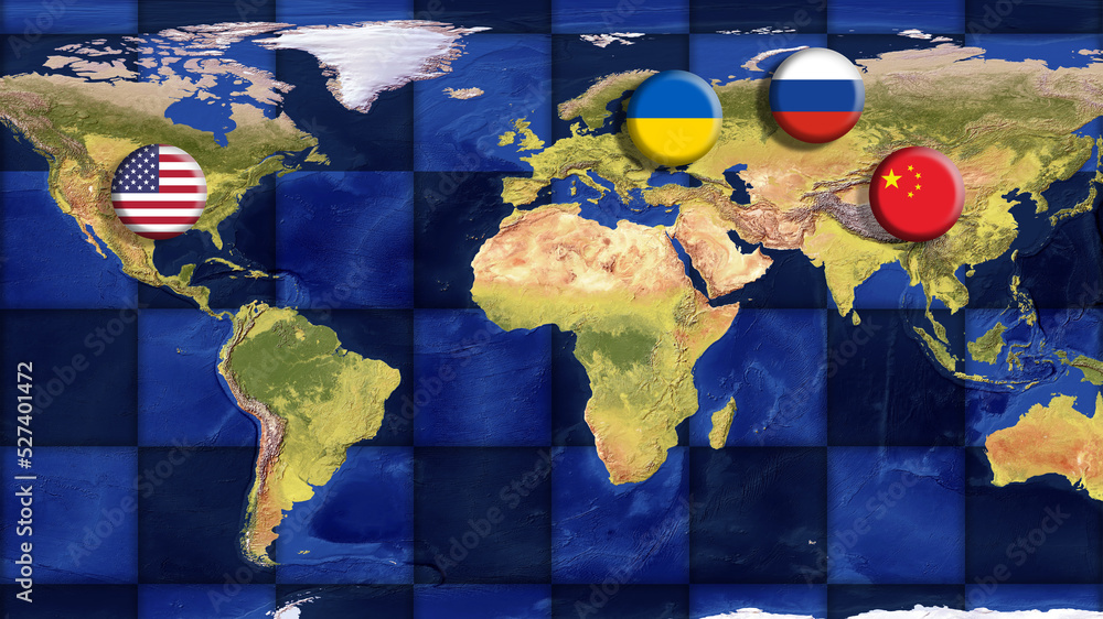 Ukraine, Russia, USA, and China Flags on World Map with Chessboard ...
