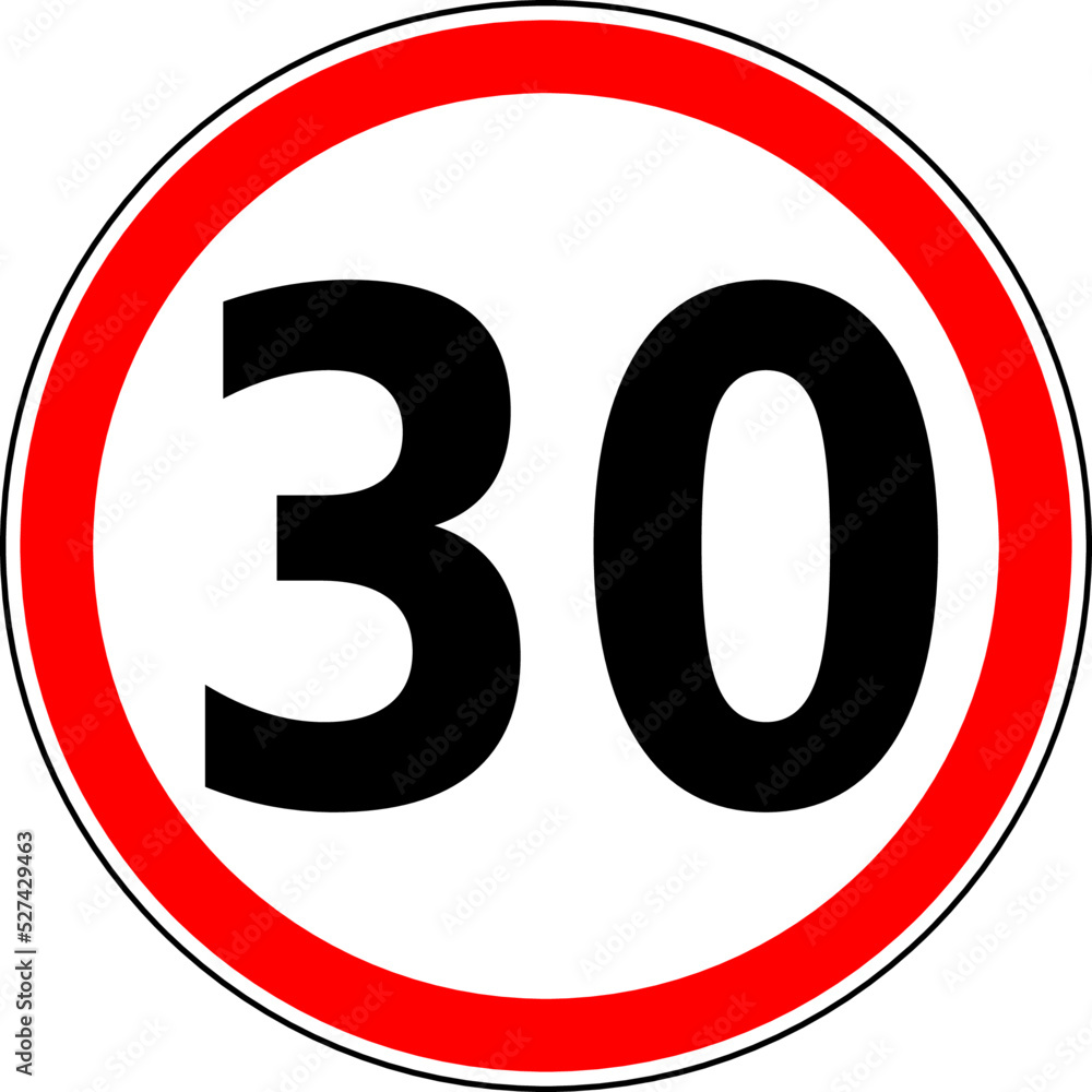 Vector graphic of a uk 30 miles per hour speed limit road sign. It consists of a large number ...