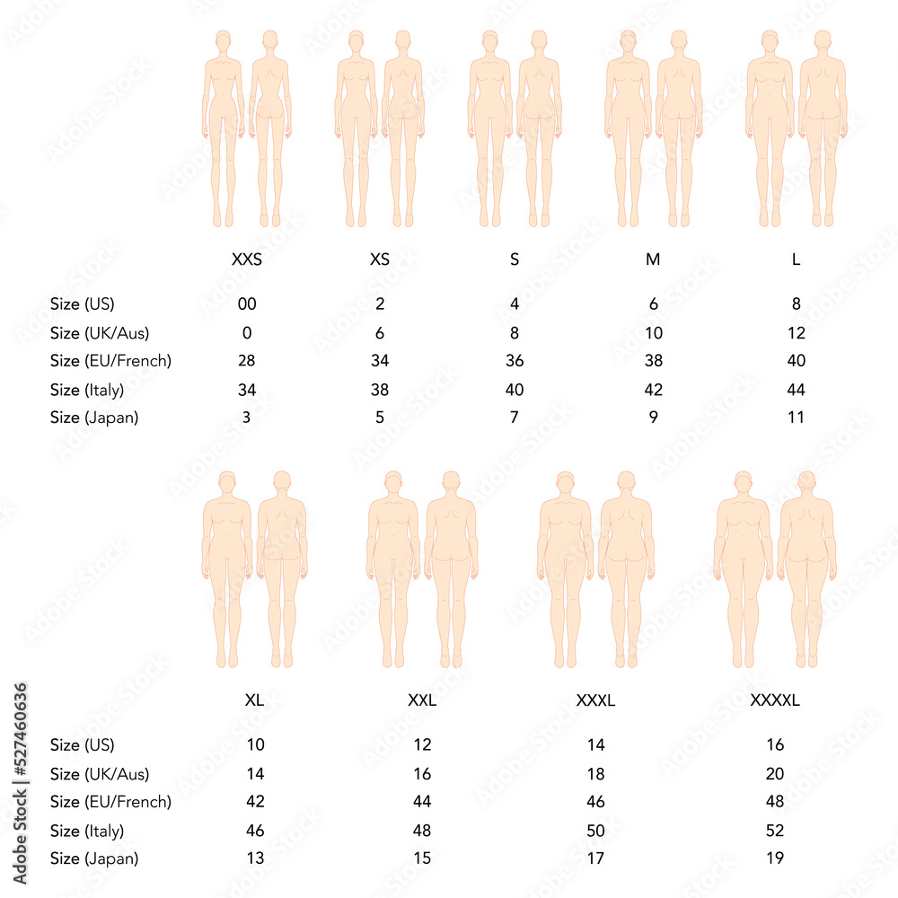 Image vectorielle Stock Set of Women XXS XS S M L XL XXL XXXL XXXXL and international sizes nude ...