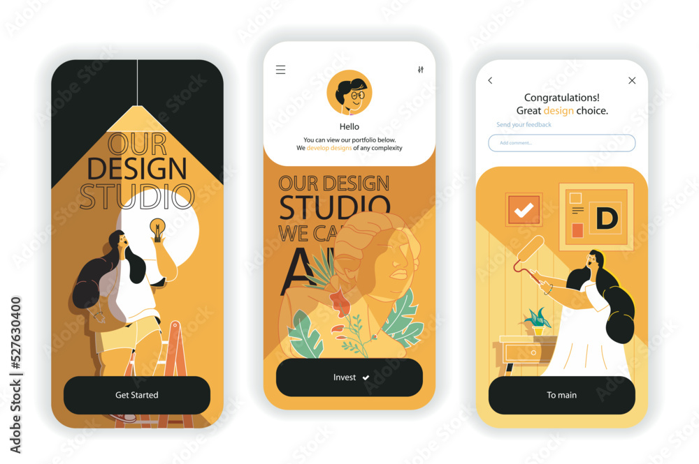 Design studio concept onboarding screens. Create artwork and content in ...