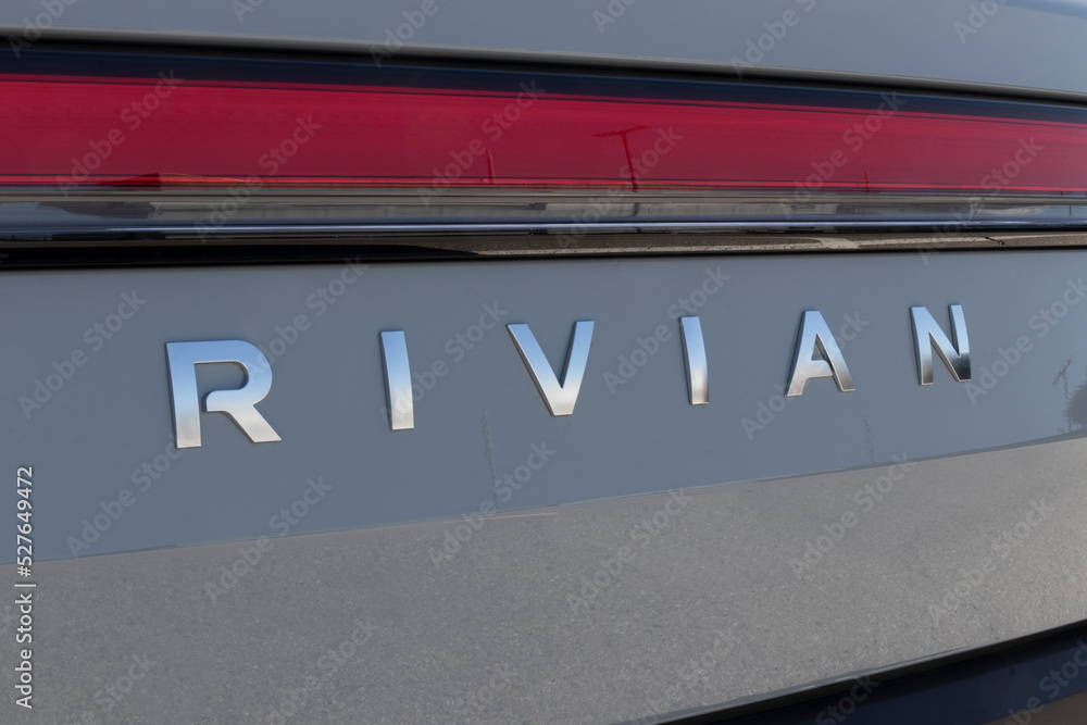 Rivian R1T Pickup Truck display at a dealership. Rivian offers the R1T ...