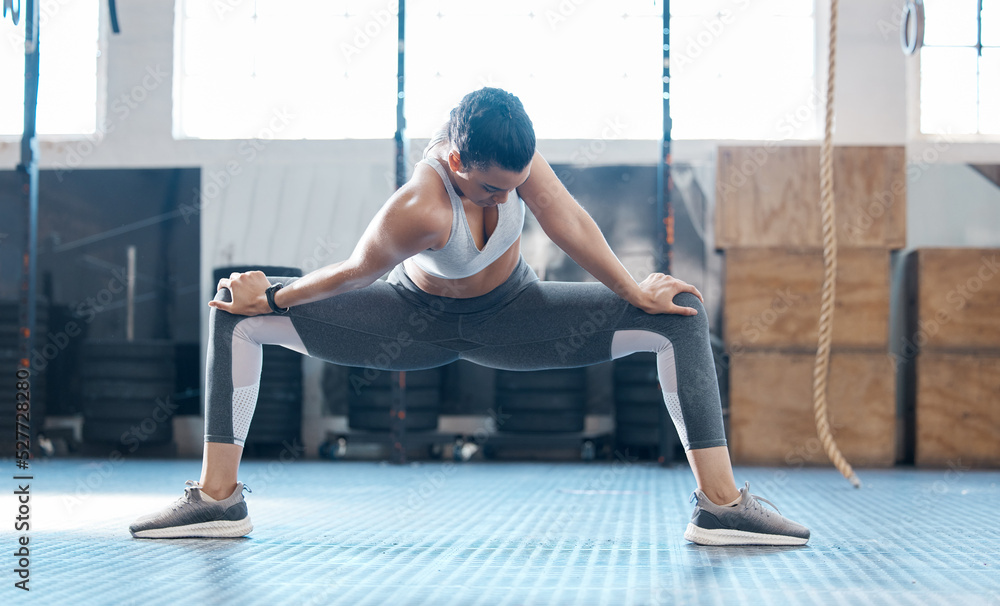 Gym, woman and stretching legs exercise before workout session training ...