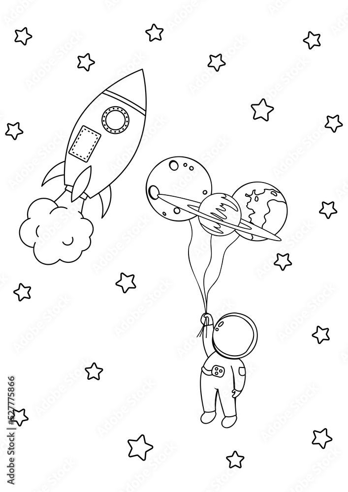 Cute astronaut in outer space with planets like balloons and spaceship ...