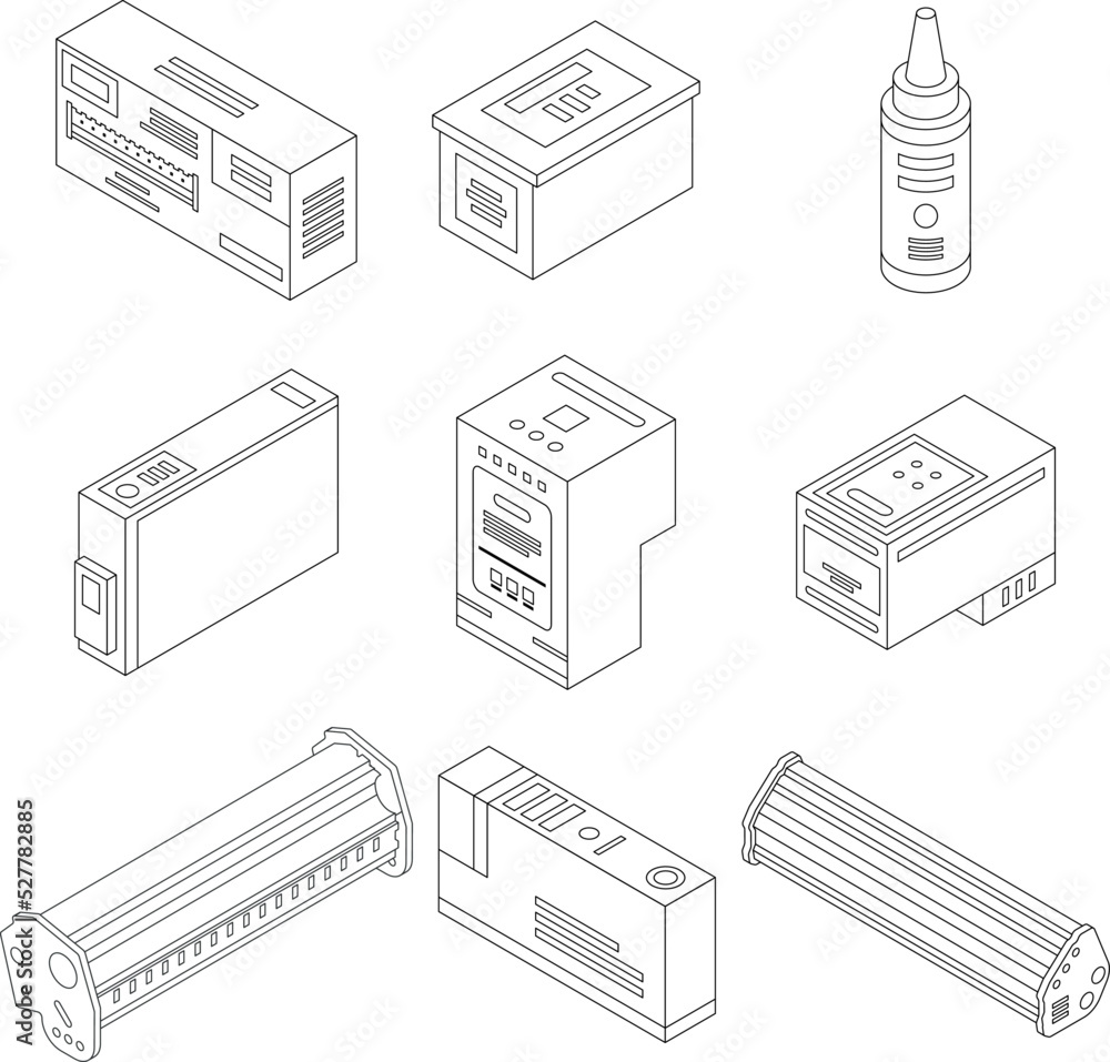 Cartridge icons set. Isometric set of cartridge vector icons outline thin lne isolated on white ...