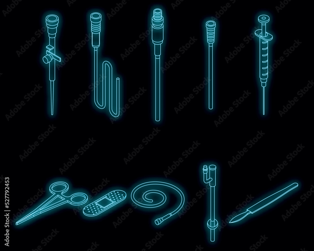 Catheter icons set. Isometric set of catheter vector icons neon color ...