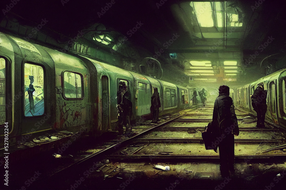 cyberpunk post apocalyptic subway scene, androids and people wandering ...