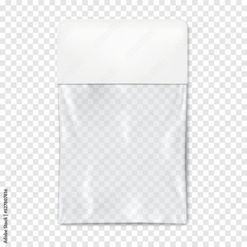Clear plastic pouch with white paper top on transparent background ...