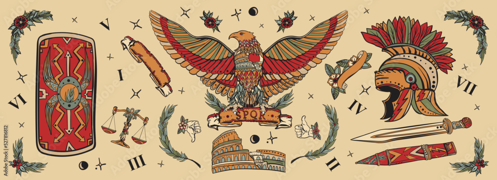 Old school tattoo collection. Ancient Rome. Roman eagle, spartan helmet ...