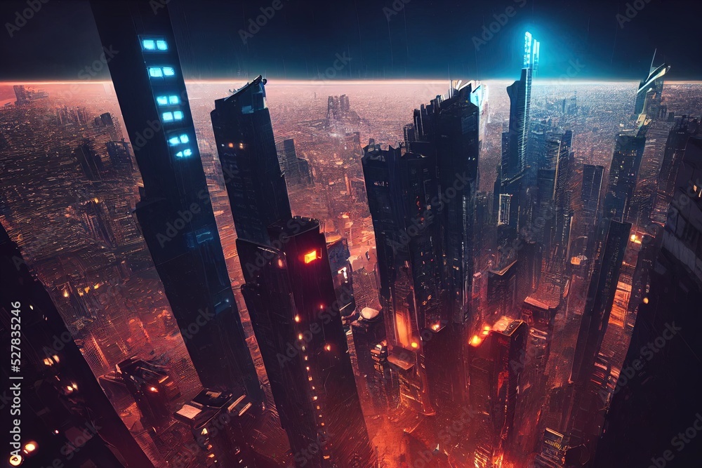 Aerial view of a cyberpunk city. Skyscrapers view, at night on a rainy ...