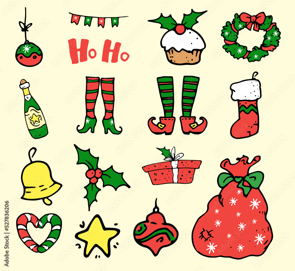 christmas clipart doodles color. Cartoon christmas doodle set. Hand-drawn doodle elements ...