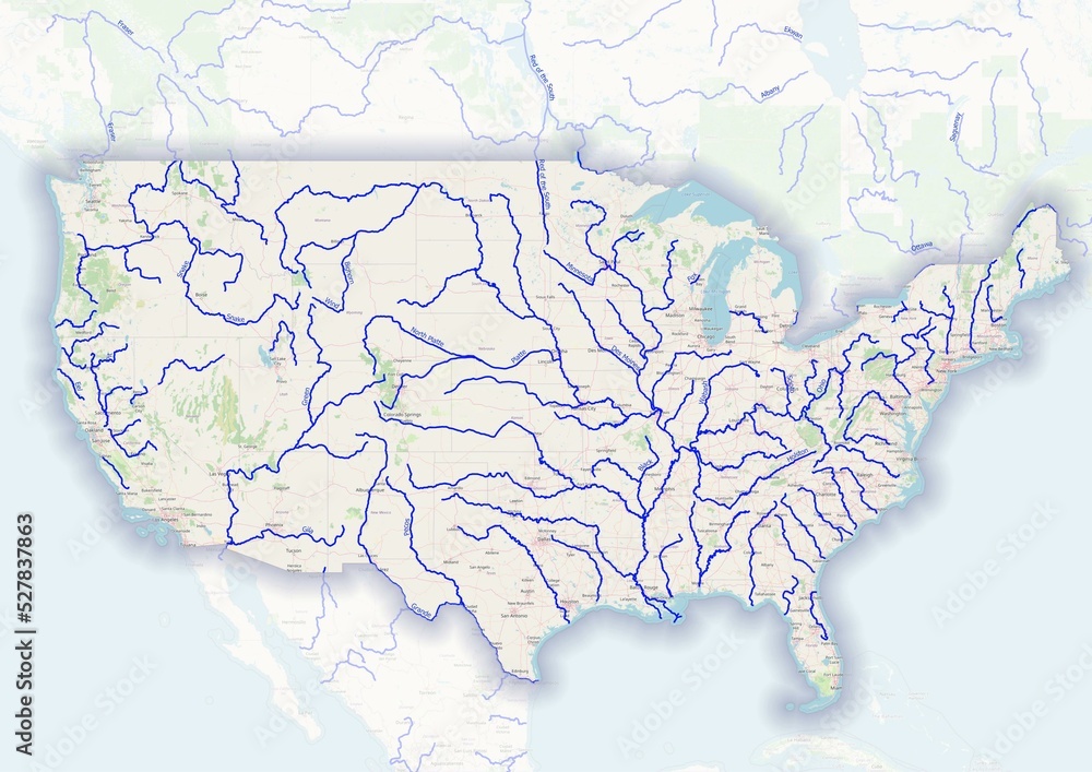 United States of America physical map with important rivers the capital ...