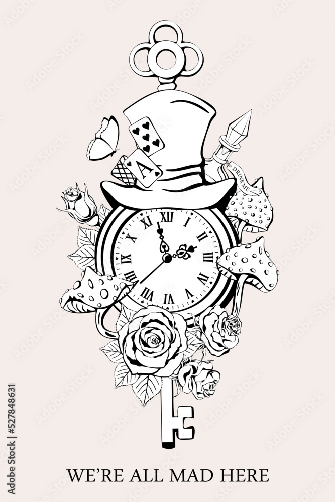 Alice in Wonderland poster, greeting card. Green hat, playing cards ...