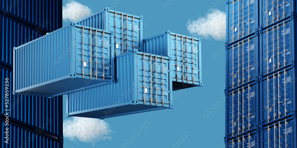 Sea freight containers. Blue 40 foot containers warehouse. Packaging ...