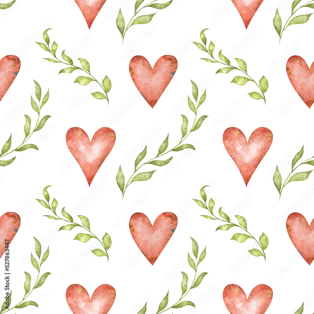 Watercolor seamless pattern with cute vintage hearts and tender ...