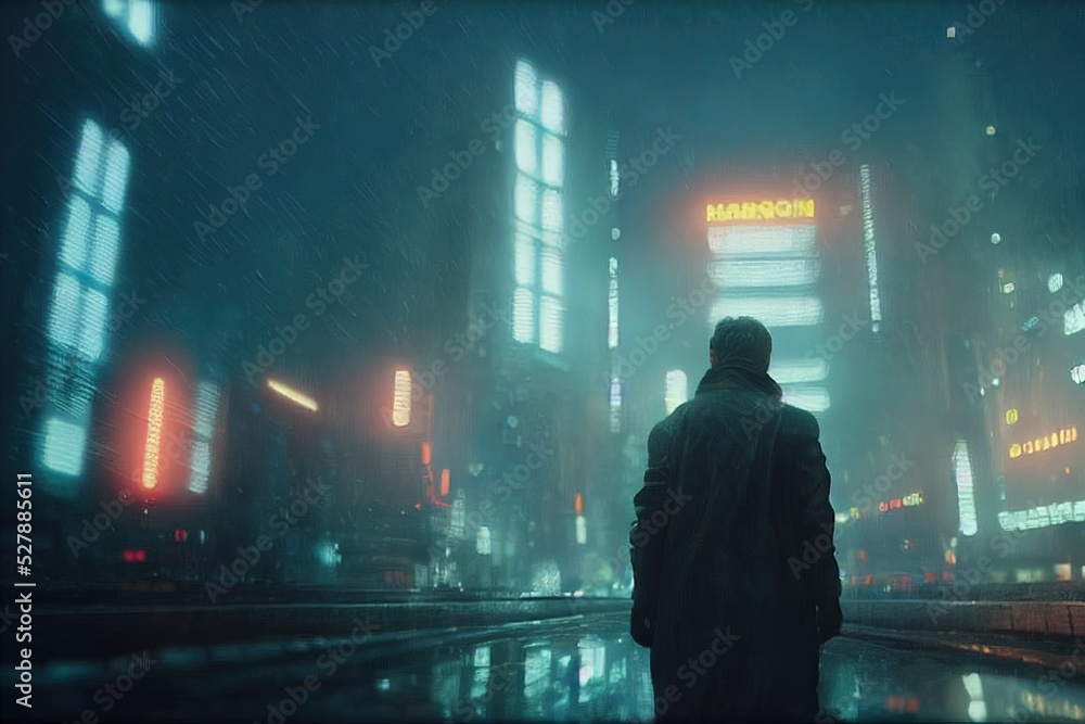 Futuristic, neo noir, cyberpunk man walking in a rainy city. Neon ...