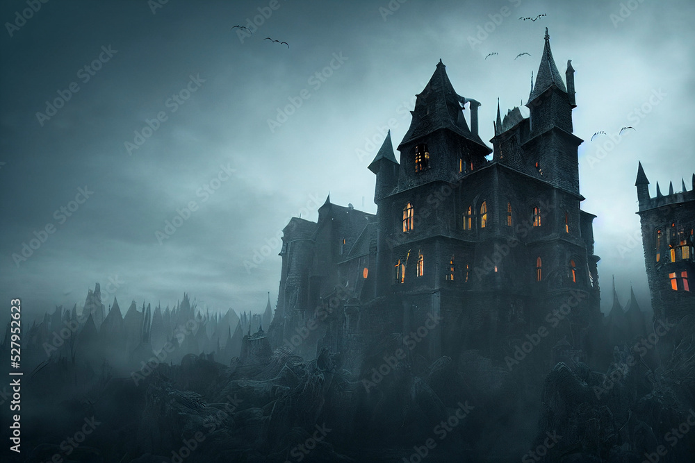 Spooky old gothic castle, foggy night, haunted mansion Stock Photo ...