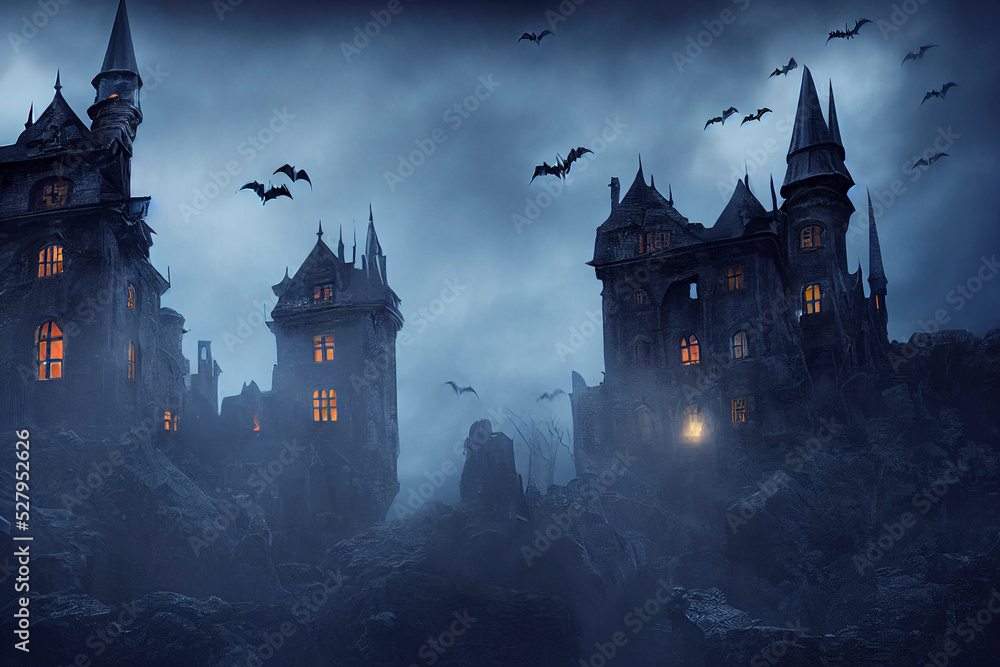 Spooky old gothic castle, foggy night, haunted mansion Stock Photo ...