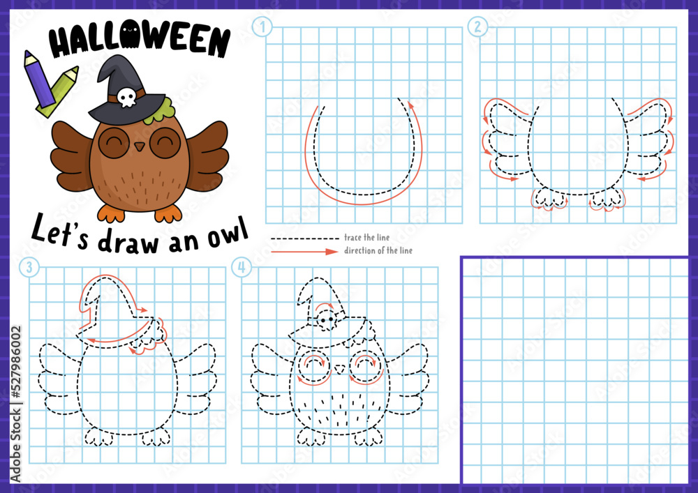 Halloween step by step drawing worksheet. How to draw an owl. Complete ...
