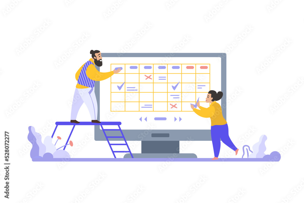 Planning schedule. Huge computer and tiny people scene. Time management ...