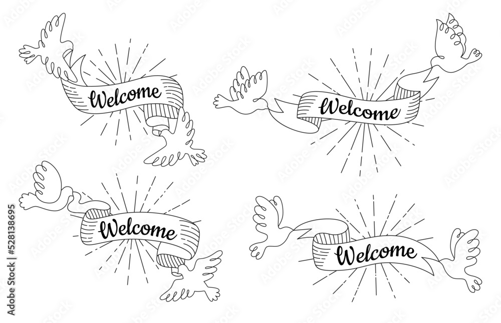 Welcome ribbon banners with bird set. Vintage dove holding tape band ...