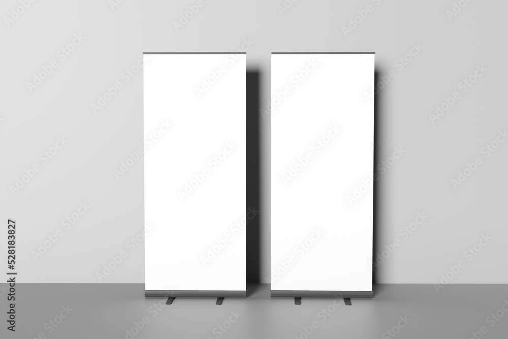Blank white roll-up banner display mockup, isolated, 3d rendering for ...