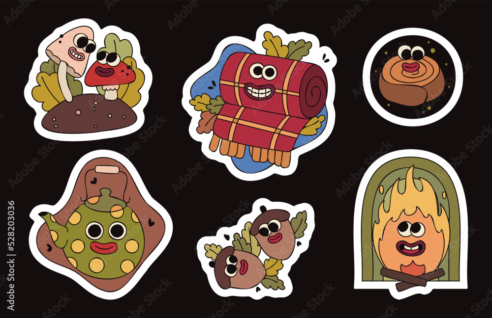 Set of six vector illustrations. Various badges, stickers with funny ...