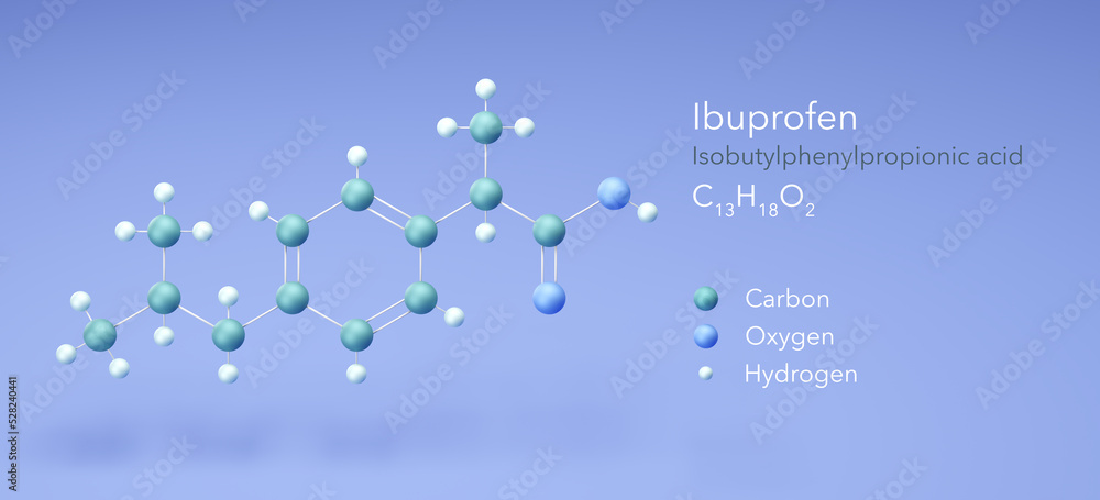 ibuprofen, isobutylphenylpropionic acid, molecular structures, 3d model ...