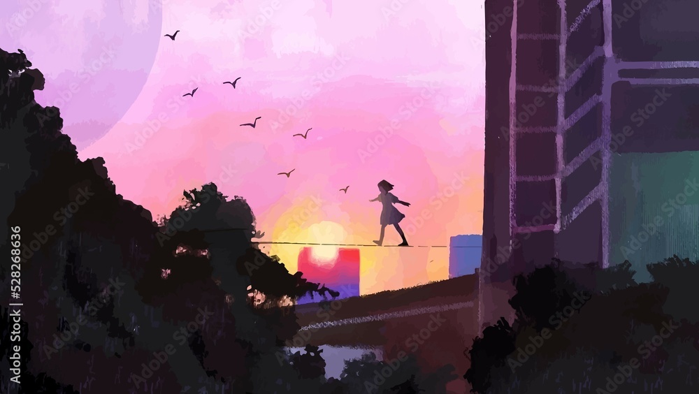 valiant anime girl walking on tiny rope digital art, painting, 3d ...