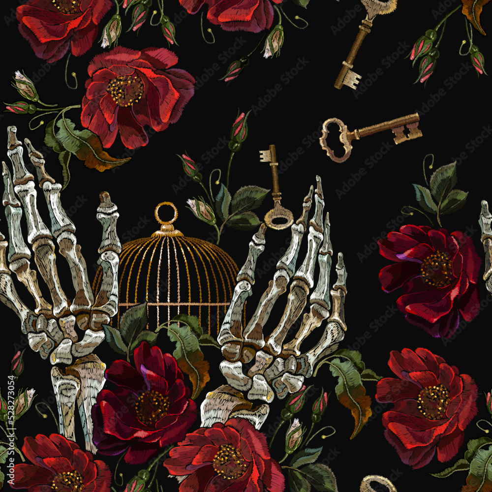 Embroidery. Skeleton hands, red roses, vintage golden keys and birds ...