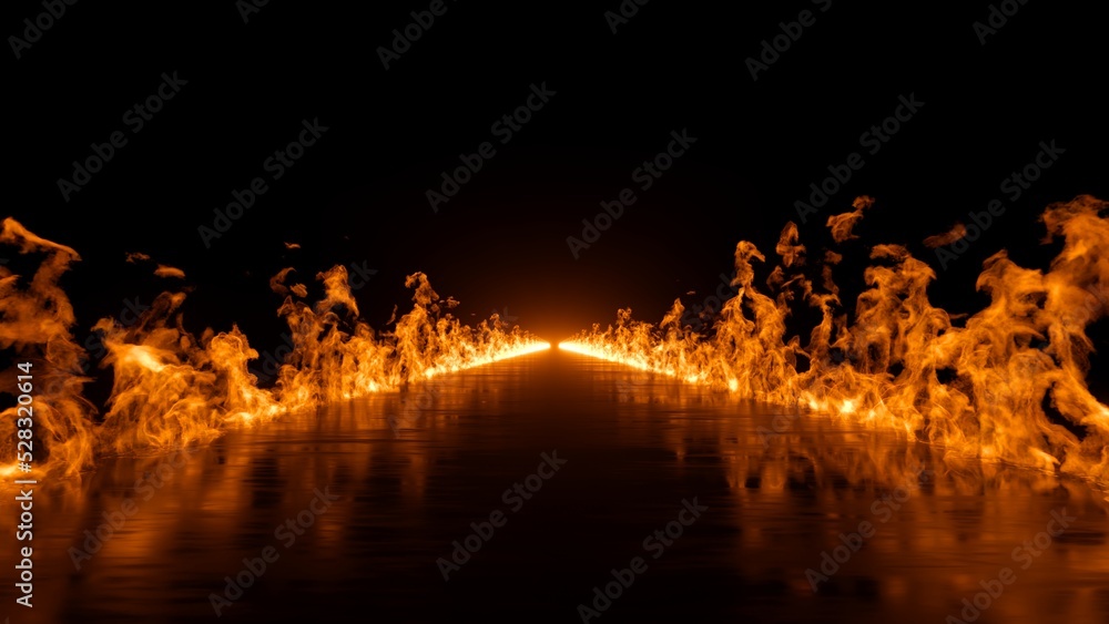 3d render, blazing flames and road on fire over black background Stock ...