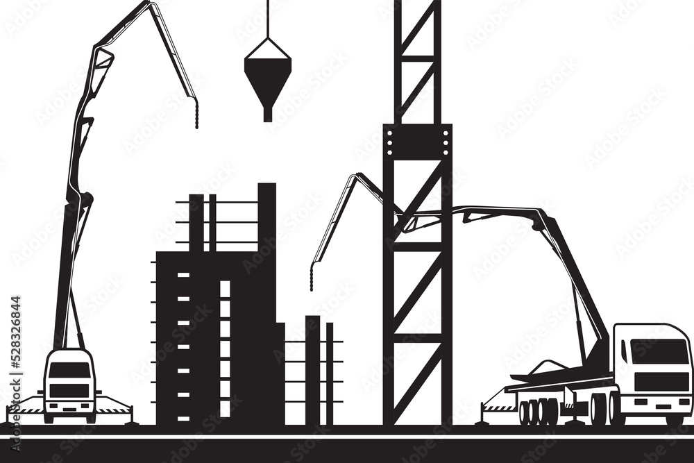 Concrete pump trucks and crane on construction site - vector ...