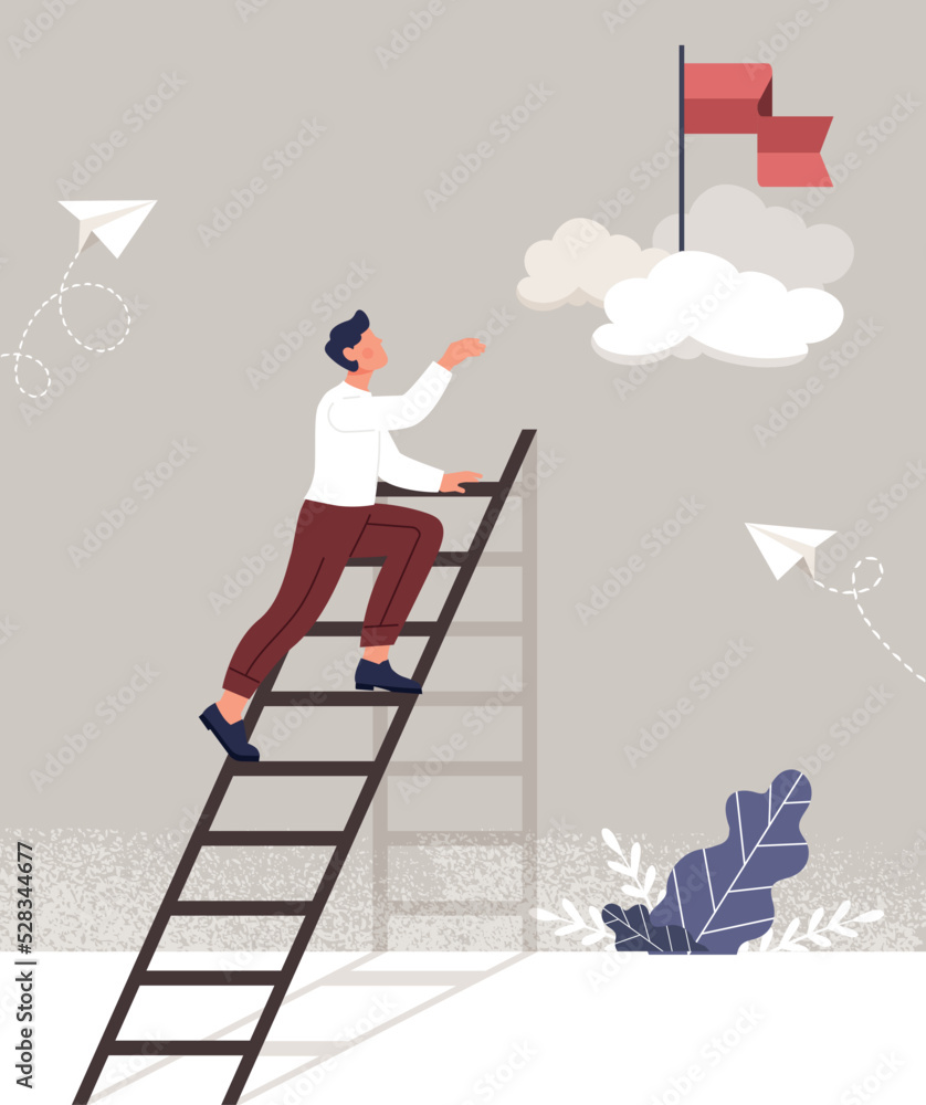 Personal goals concept. Man climbs stairs to red flag. Setting tasks ...