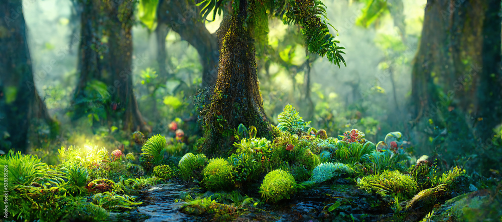 A beautiful enchanted forest with big fairytale trees and great ...
