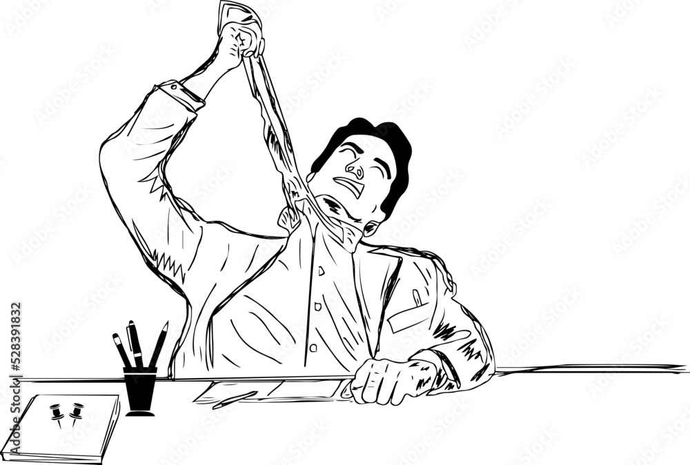 Outline sketch drawing of Unhappy Proffessional Boss holding is tie a ...