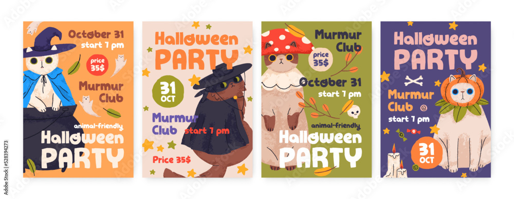 Kids Halloween party posters with cute cats. Helloween card background ...