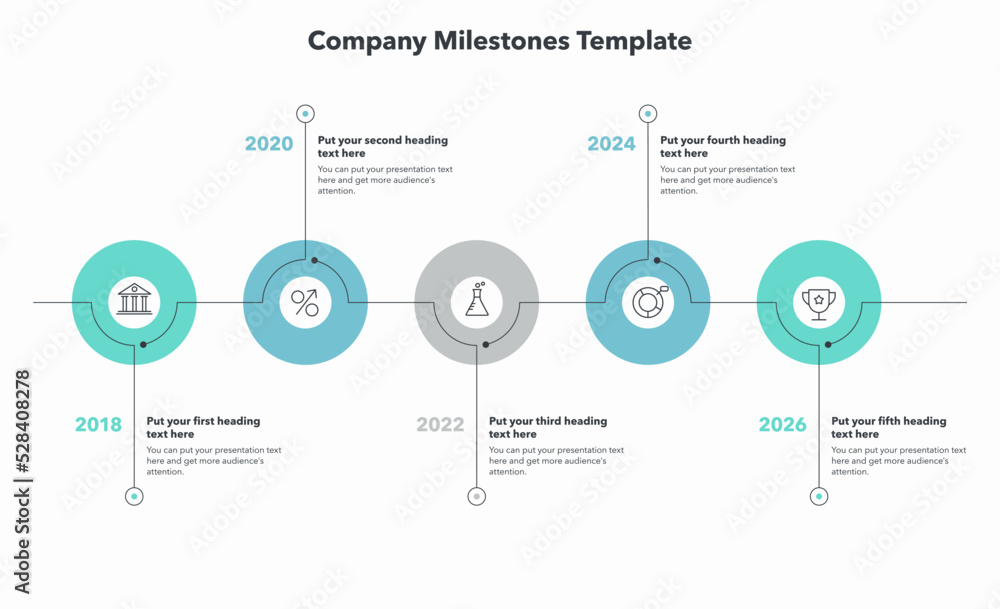 Company milestones with five colorful stages. Simple flat template for ...