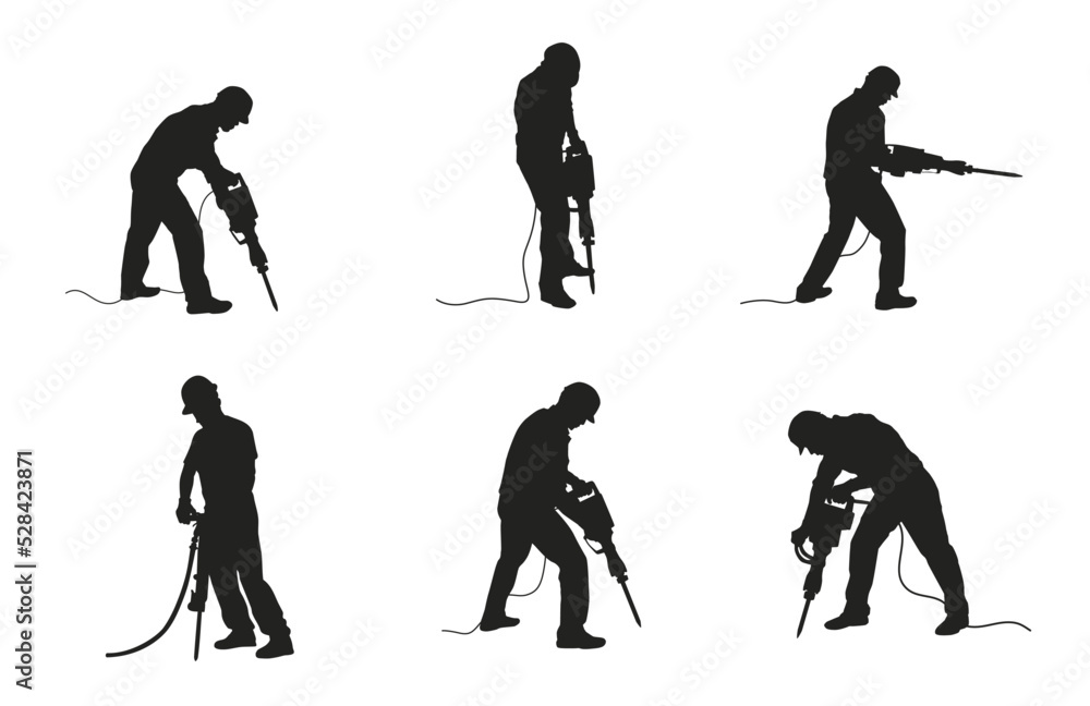 Worker Using Jackhammer Silhouette Stock Vector | Adobe Stock