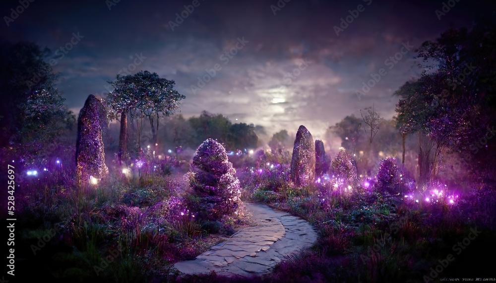 Landscape of a night garden that glows with purple lights and ...