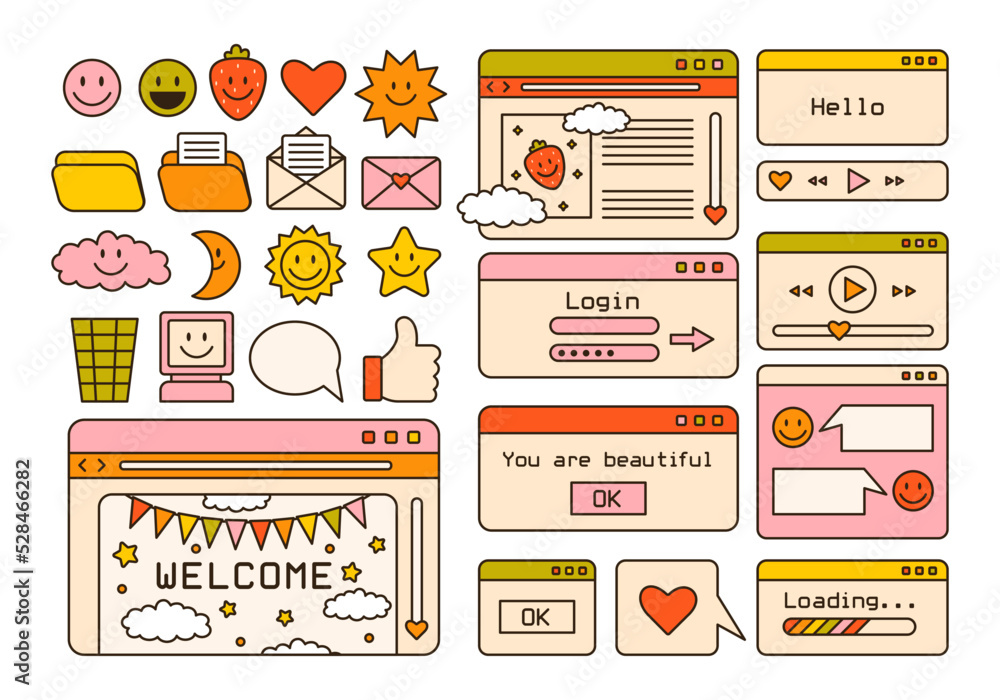 Vector set of retro computer windows and screens. Cute old desktop interface with various icons ...